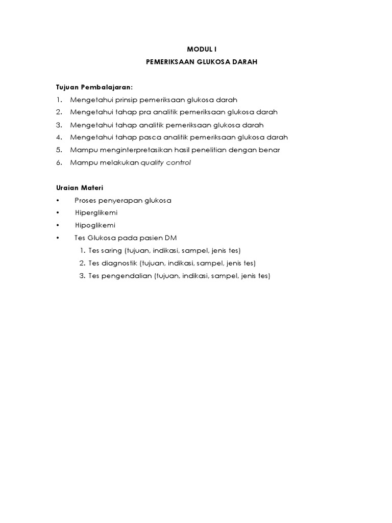 Modul 1 Kimia Klinik (Pemeriksaan Glukosa Darah) | PDF