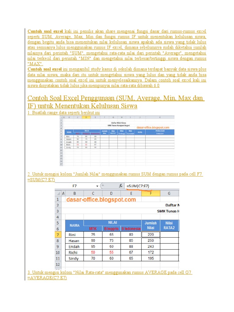 Contoh Soal Excel Penggunaan (SUM, Average, Min, Max Dan IF) Untuk ...