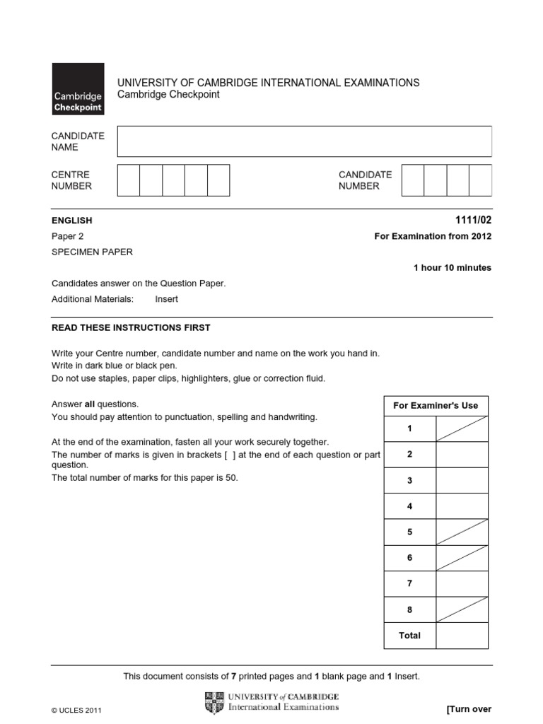Cambridge Checkpoint English P2 Specimen 2012 | PDF | Writing