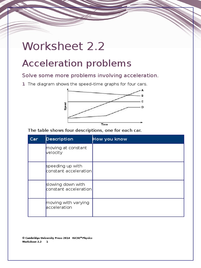Worksheet 2.2: Acceleration Problems | PDF