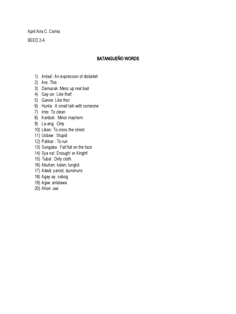 Common Batangueño Words and Their Meanings | PDF