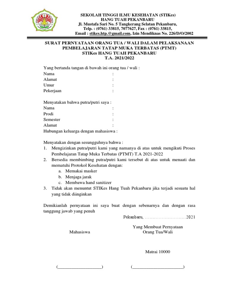 Surat Pernyataan PTMT STiKes HTP 2021 | PDF