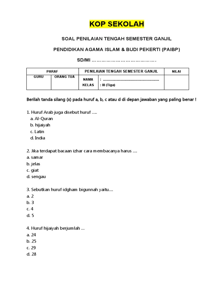 3 - Soal PTS Pendidikan Agama Islam (PAI) Kelas 3 Semester 1 | PDF