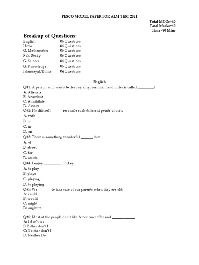 Breakup of Questions:: Pesco Model Paper For Alm Test 2021 Total Mcqs ...