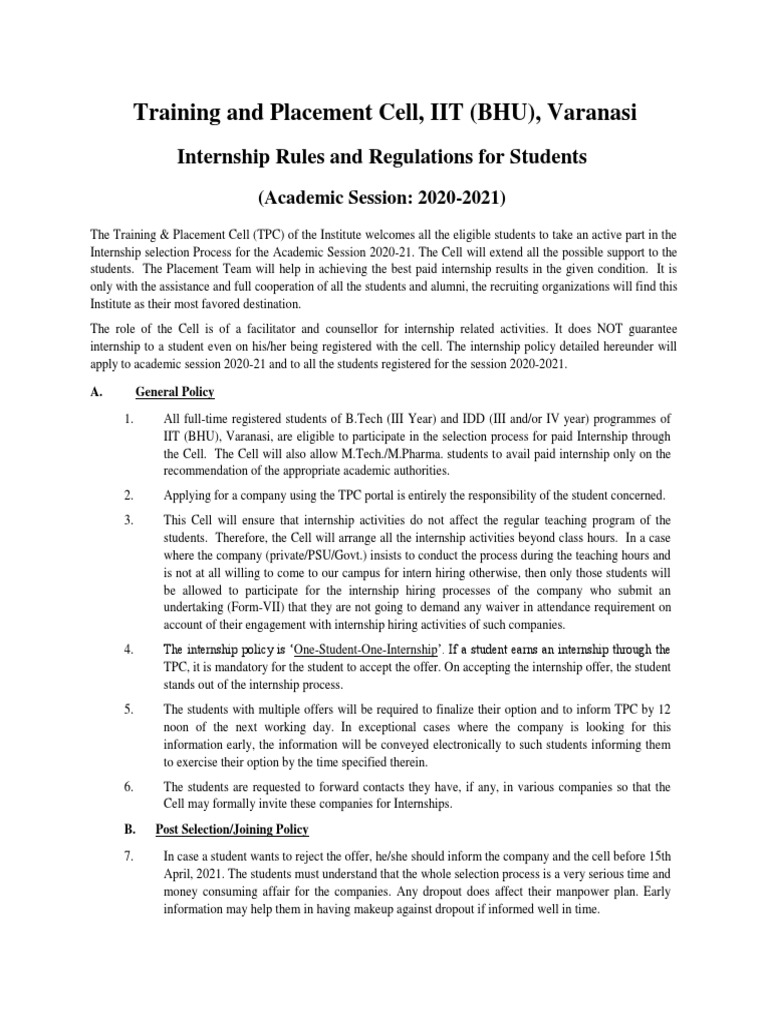 Training and Placement Cell, IIT (BHU), Varanasi: Internship Rules and Regulations For Students ...