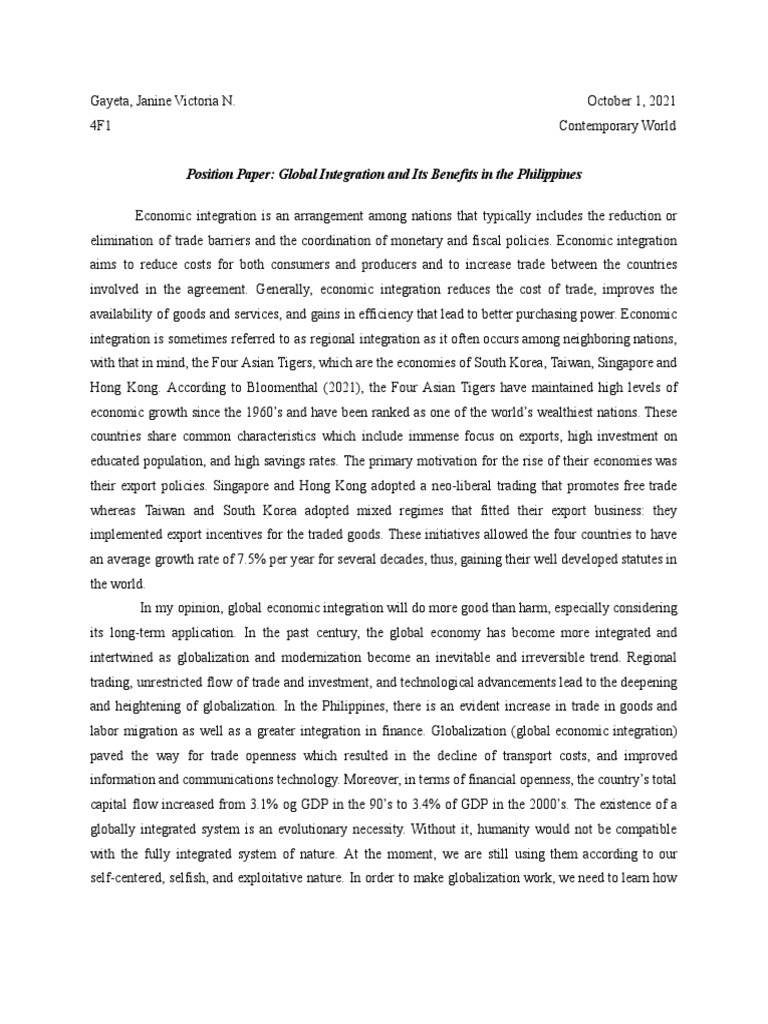 Position Paper: Global Integration and Its Benefits in The Philippines ...