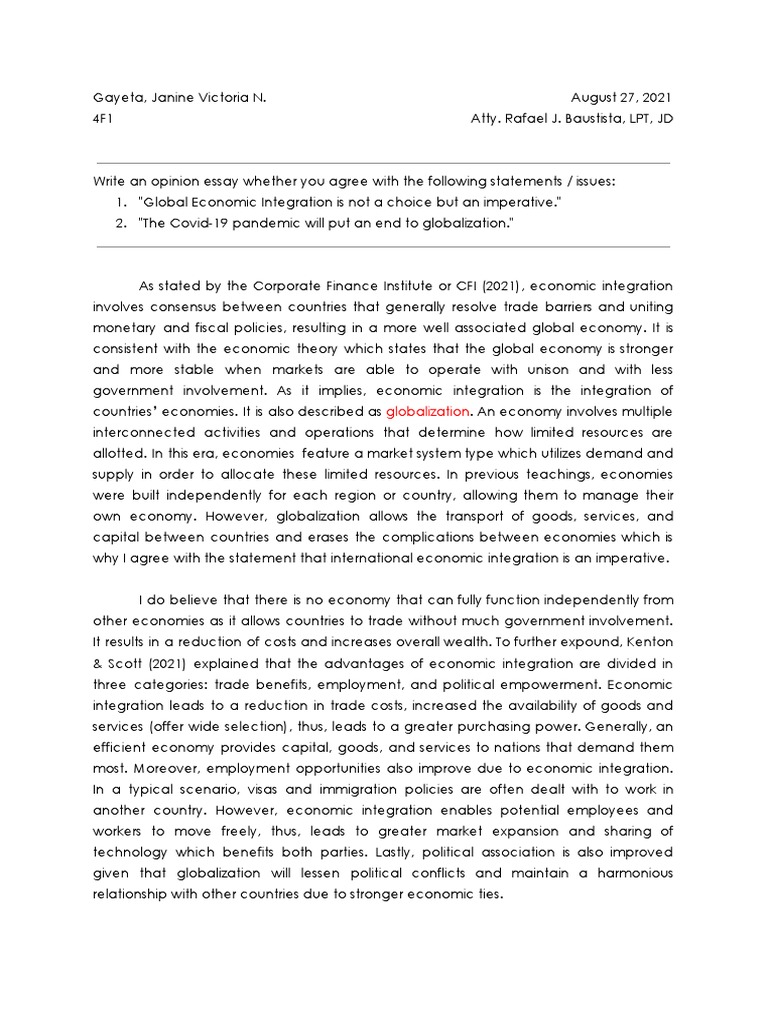 CONTEMP - W - GAYETA - Opinion Essay | PDF | Globalization | Employment