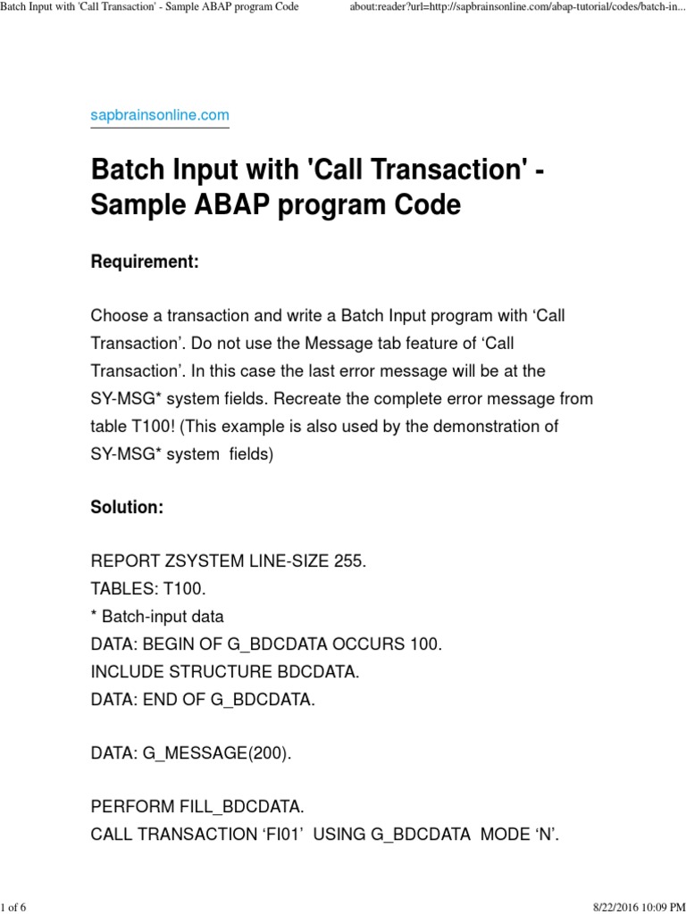 Batch Input With 'Call Transaction' - Sample ABAP Program Code | PDF | Computer Architecture ...