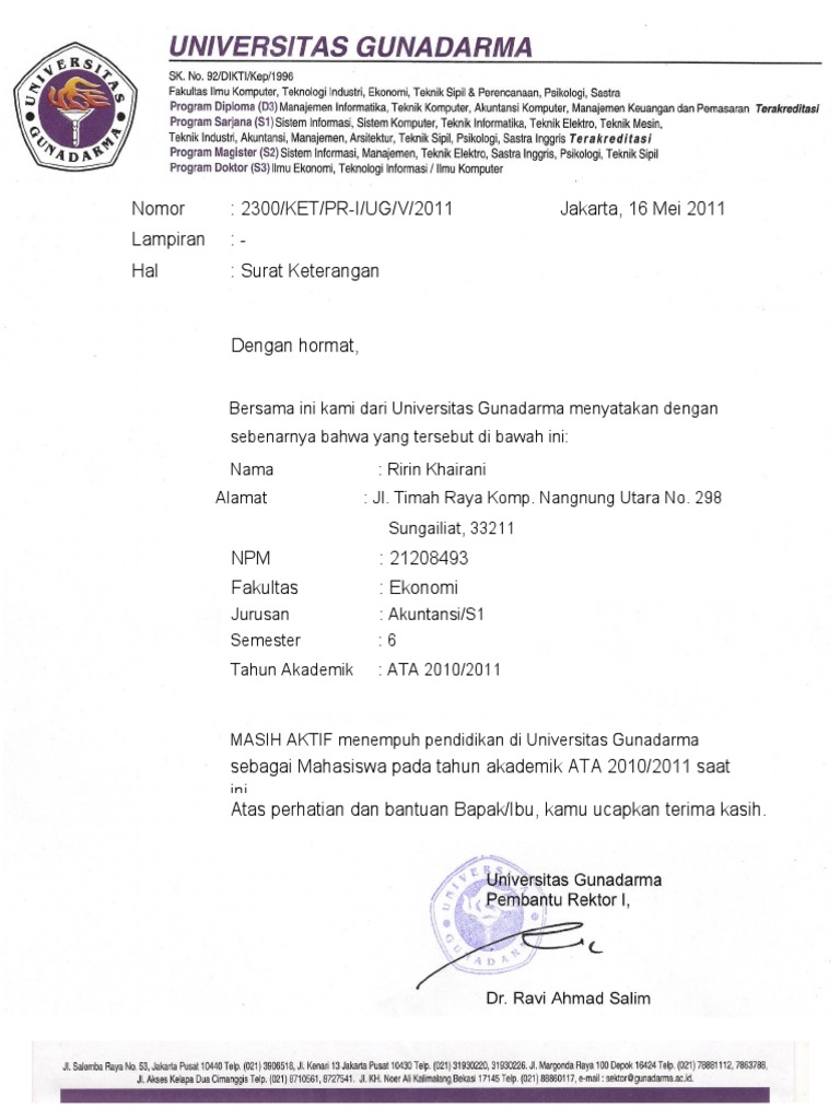 Surat Keterangan Mahasiswa Aktif Gunadarma | PDF | Bisnis