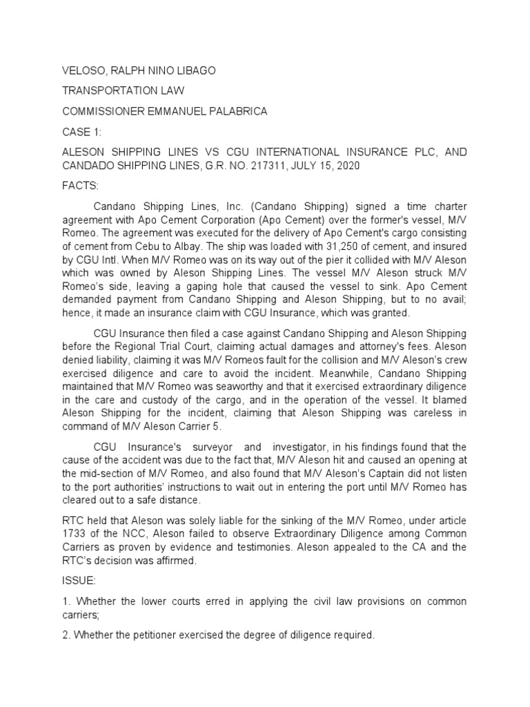 Veloso - Transpo Case - Aleson V CGU | PDF | Bill Of Lading | Common ...
