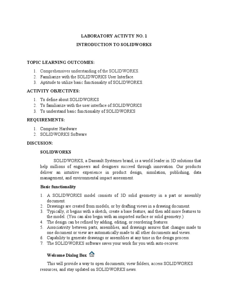 Laboratory No. 1 - Introduction To SOLIDWORKS | PDF | Menu (Computing) | Computing
