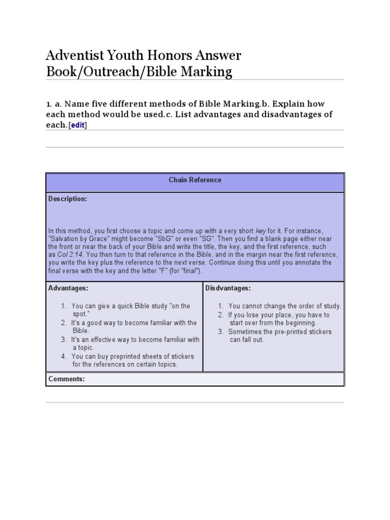 Adventist Youth Honors Answer Book/Outreach/Bible Marking | PDF | Writing