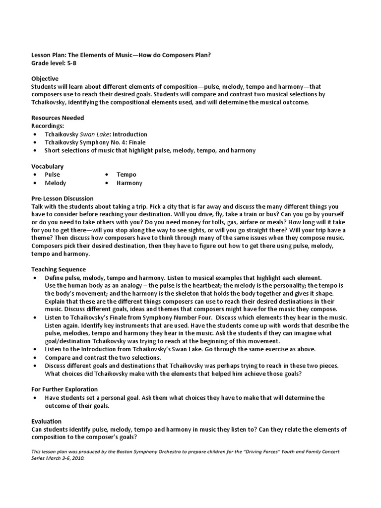 Lesson Plan: The Elements of Music-How Do Composers Plan? Grade Level ...