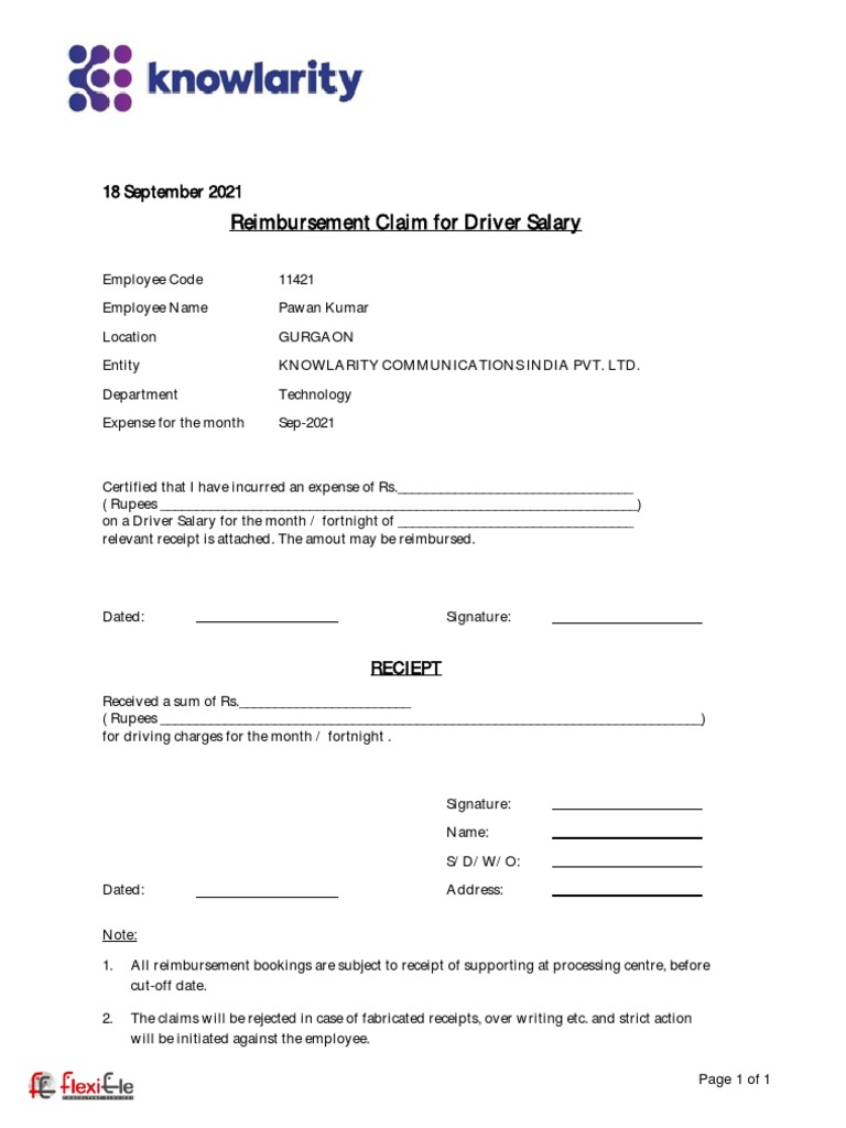 Reimbursement Claim For Driver Salary: 18 September 2021 | PDF