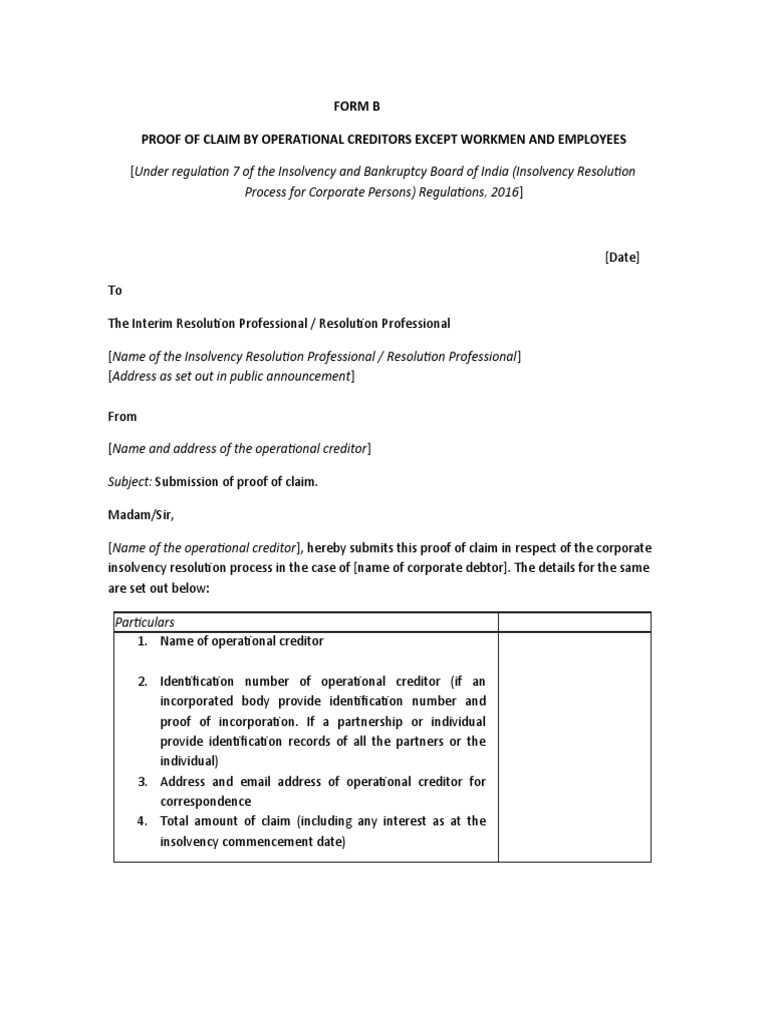Form B Proof of Claim by Operational Creditors Except Workmen and Employees | PDF | Bankruptcy ...