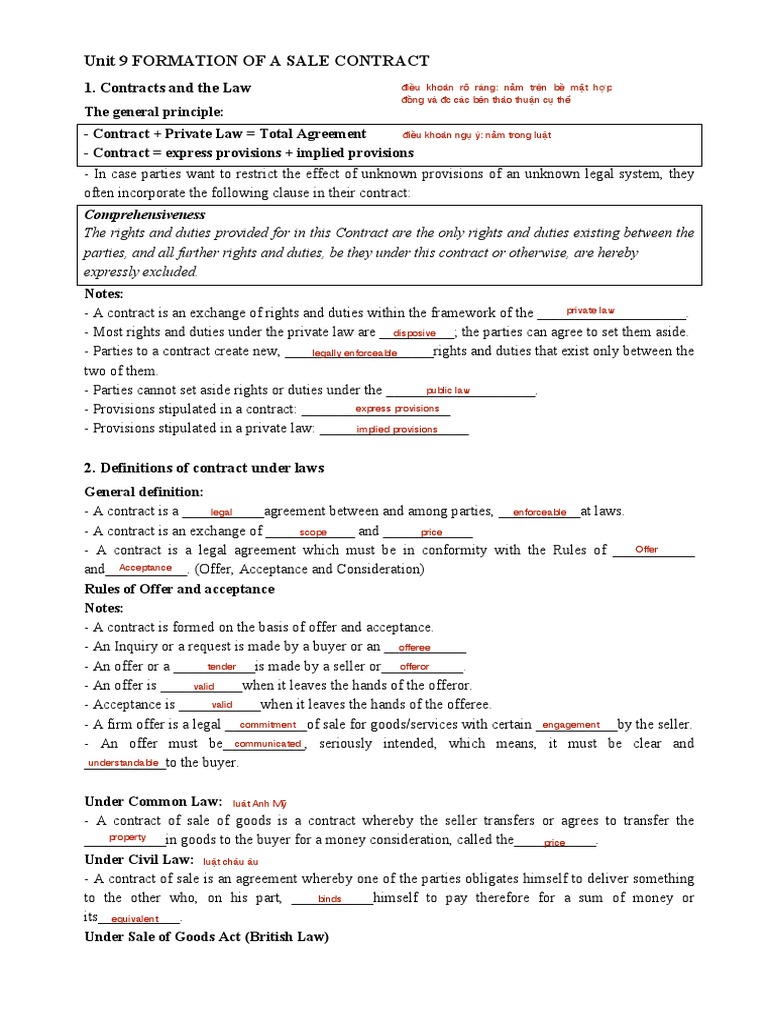 Unit 9 Formation of A Sale Contract: 1. Contracts and The Law | PDF | Assignment (Law) | Offer ...