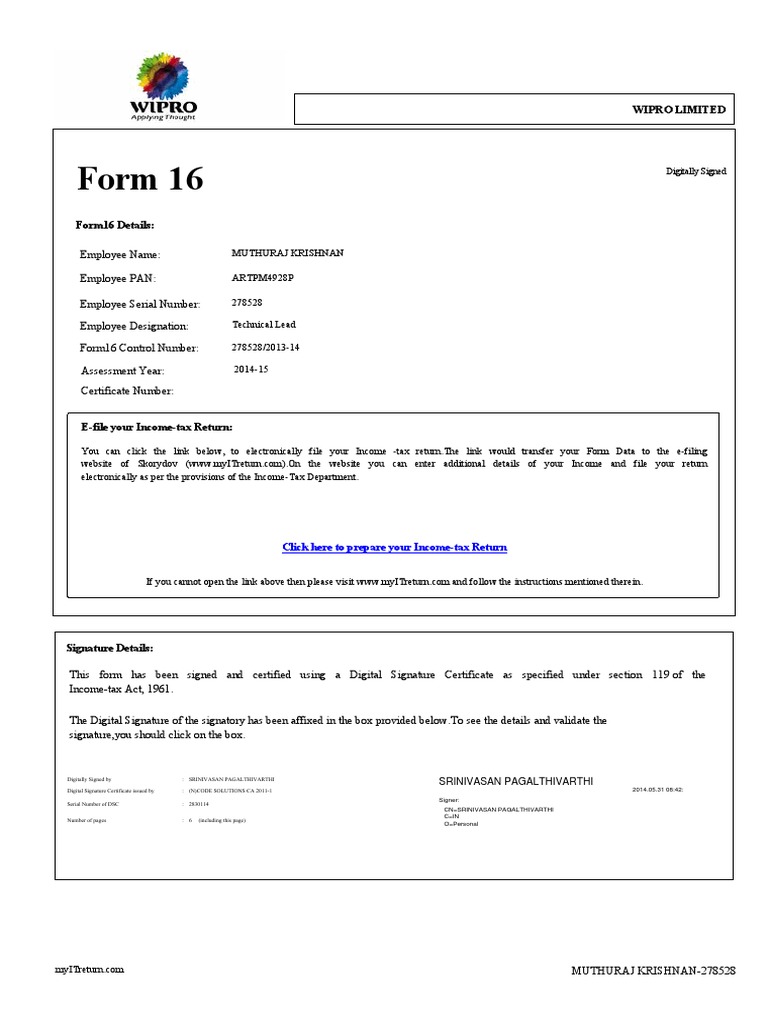 Form 16: Wipro Limited | PDF | Employee Benefits | Salary