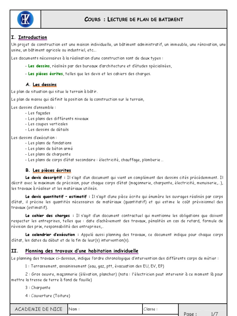 Cours - Lecture de Plan de Bâtiment - Elève | PDF | Mur | Fenêtre