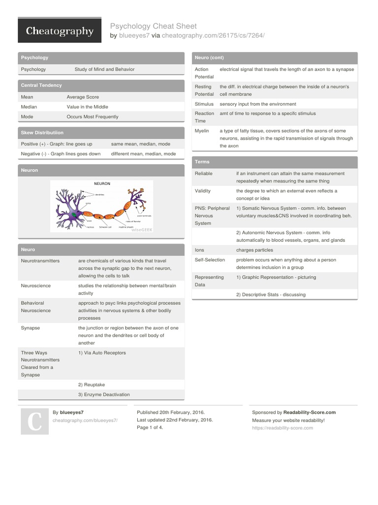 Psychology Cheat Sheet: by Via | PDF | Neuron | Nervous System