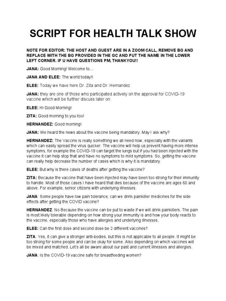 Script For Health Talk Show | PDF | Vaccines | Medicine