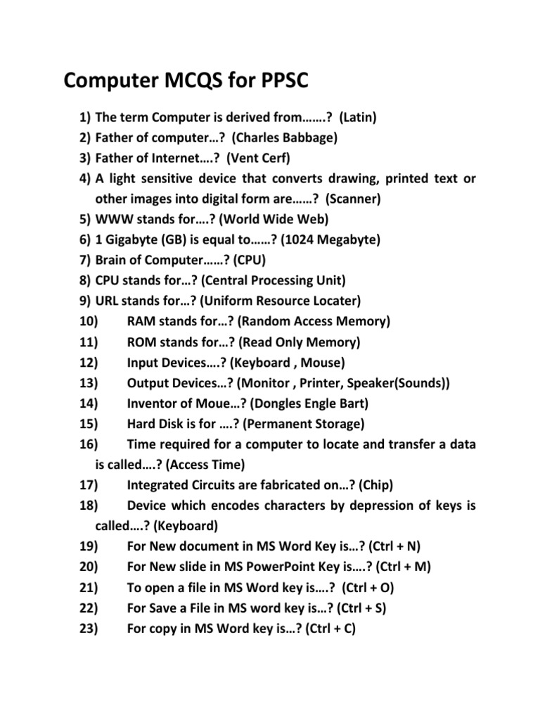 Computer MCQS For PPSC | PDF | Computer Data Storage | Random Access Memory