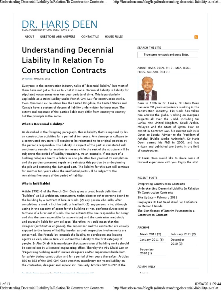 Understanding Decennial Liability in Relation To Constru | PDF