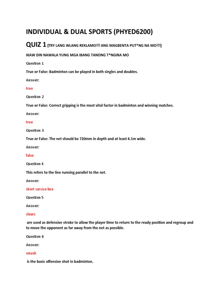 Badminton and Table Tennis Quiz Insights | PDF | Table Tennis | Racquet ...