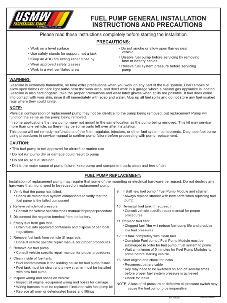 Fuel Pump General Installation Instructions and Precautions | PDF ...