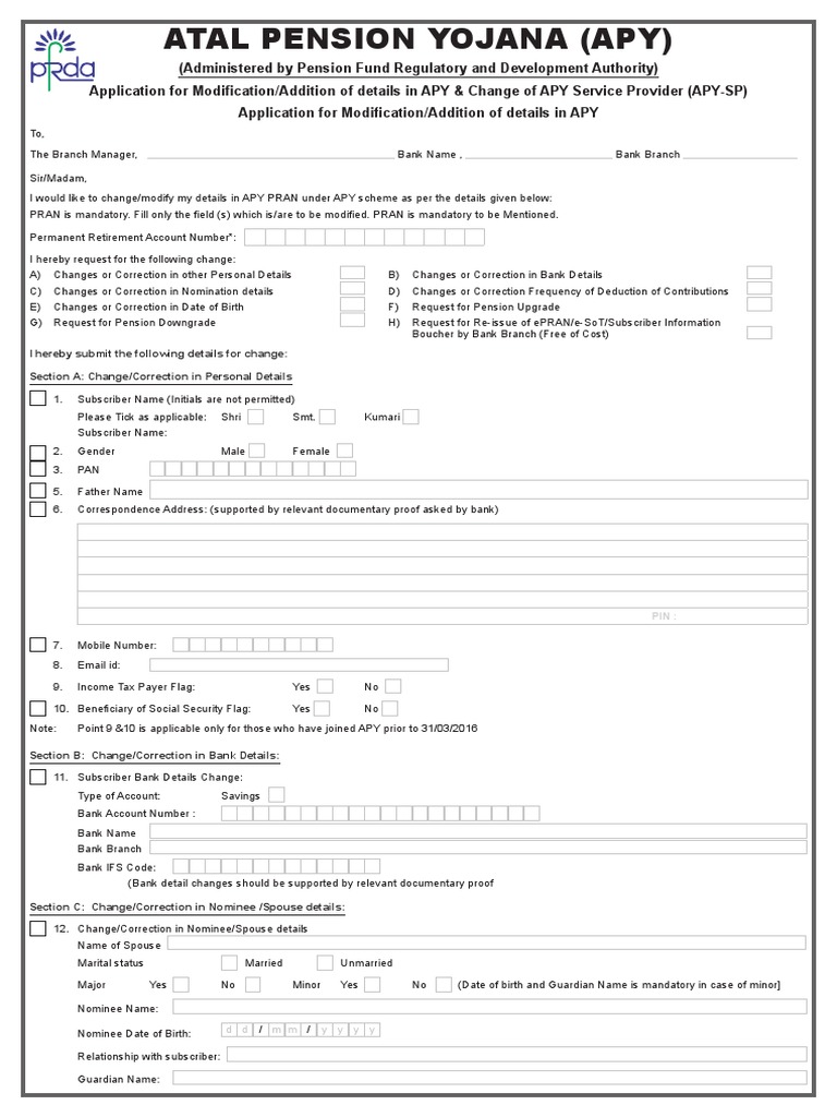 APY Subscriber-Details Modification Form | PDF | Banks | Pension