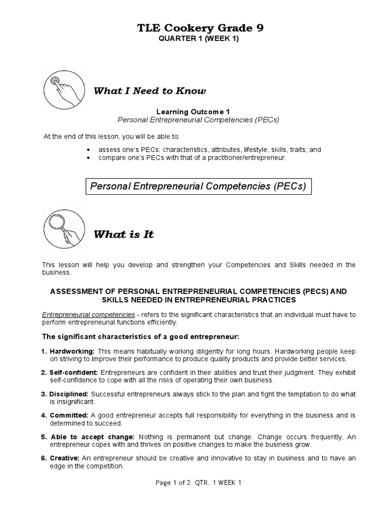 COOKERY Grade 9 (Q1-W1) | PDF | Entrepreneurship | Human Nature