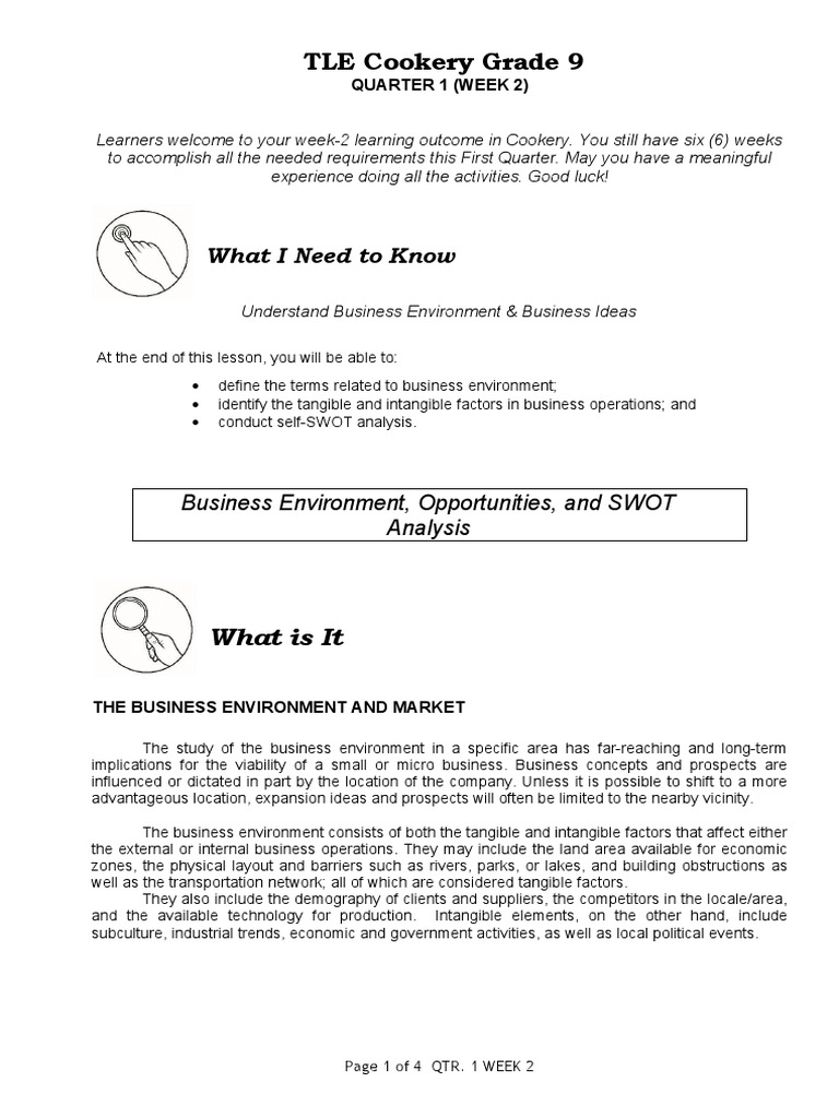 COOKERY Grade 9 (Q1-W2) | PDF | Swot Analysis | Entrepreneurship