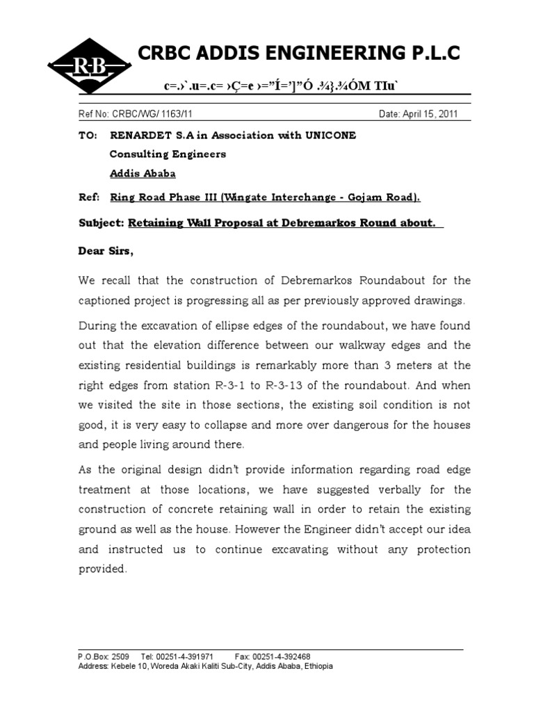 Retaining Wall Proposal at Debremarkos Round About | PDF | Technology ...