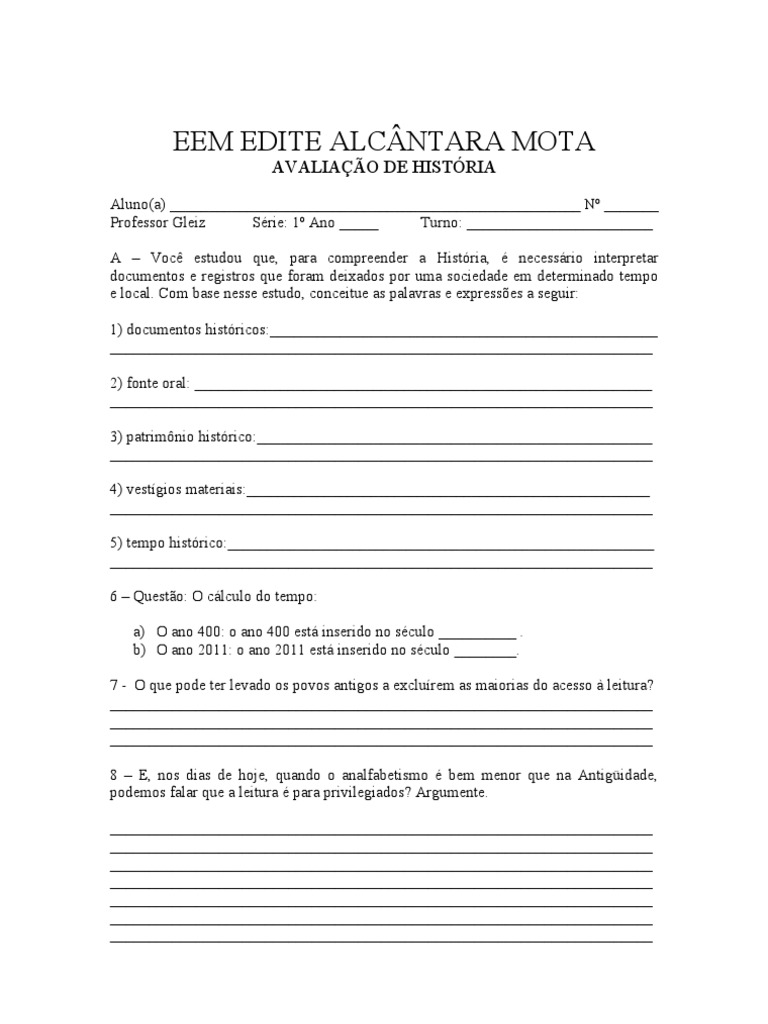 Avaliação De História 1º Bimestre 2011 1º Ano Pdf Tempo
