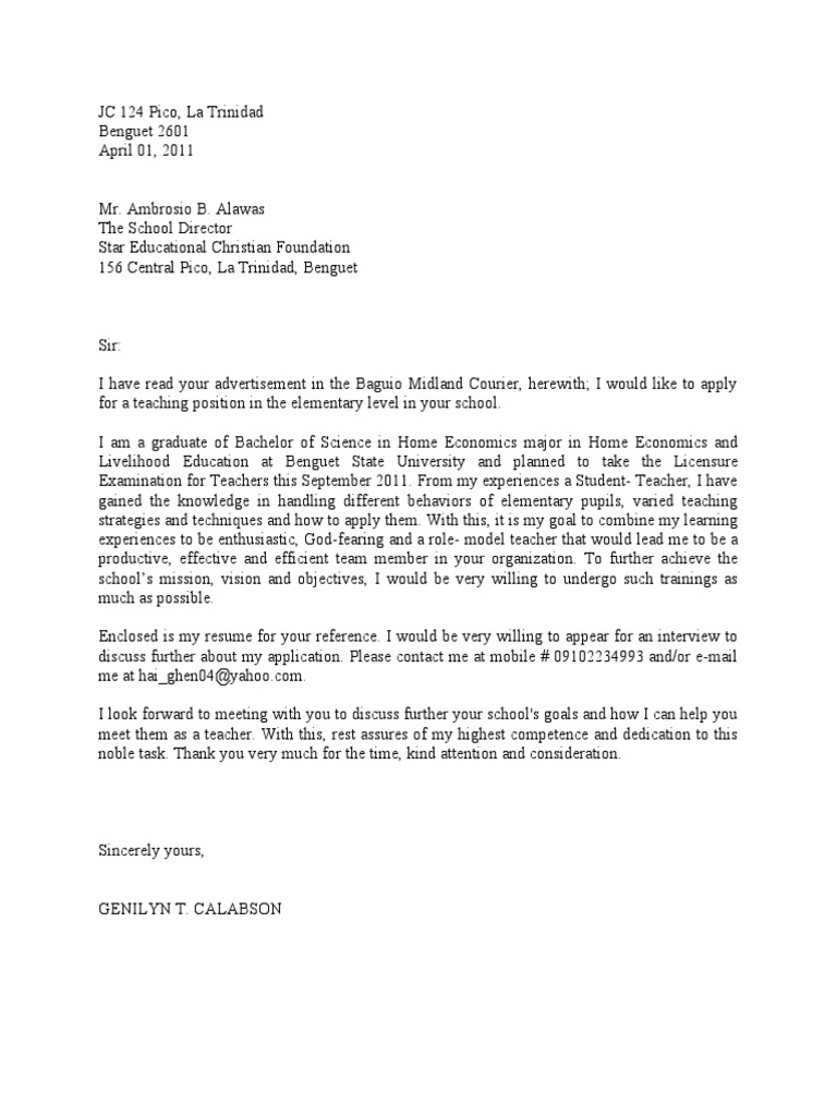 Application Letter | PDF | Teachers | Cognition