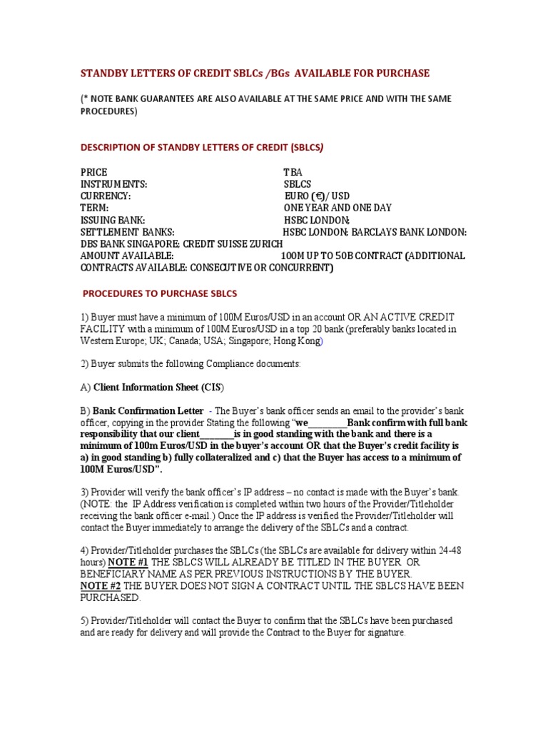 Sample Procurement Process SBLC PROCEDURES 170 | PDF | Letter Of Credit | Trade