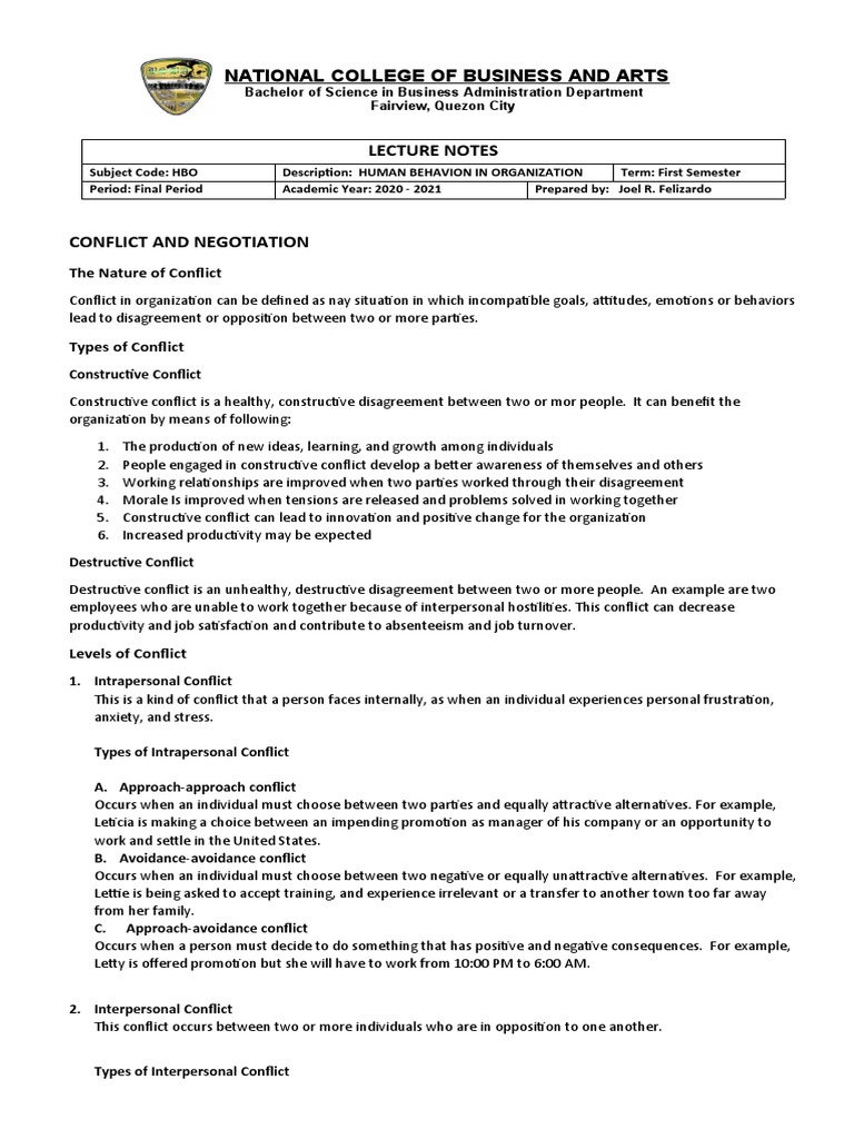 Hbo Final Lecture - Conflict and Negotiation | PDF | Anxiety | Violence