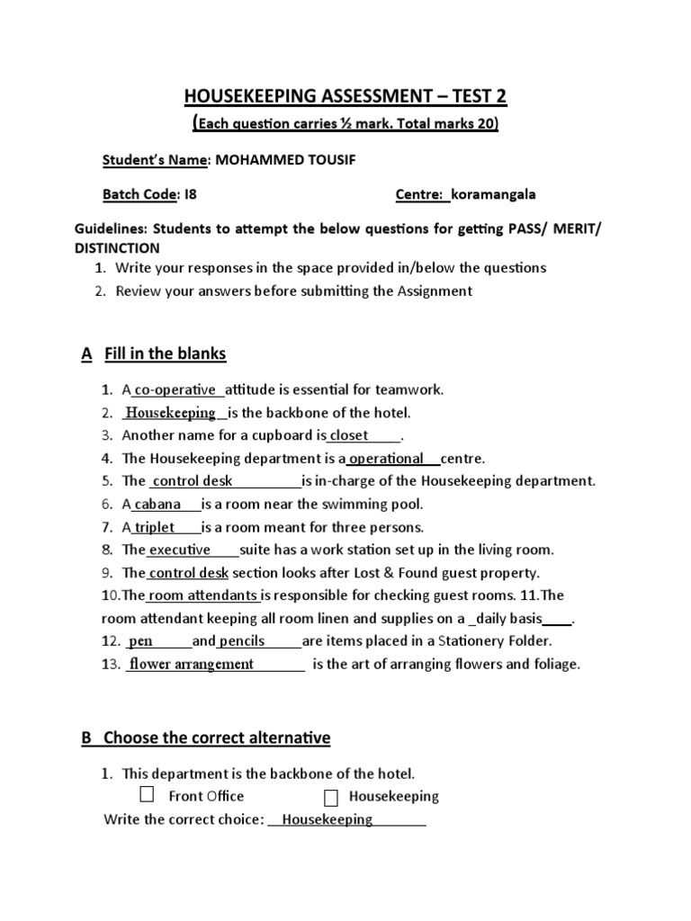 Housekeeping Assessment - Test 2: Answers | PDF | Home