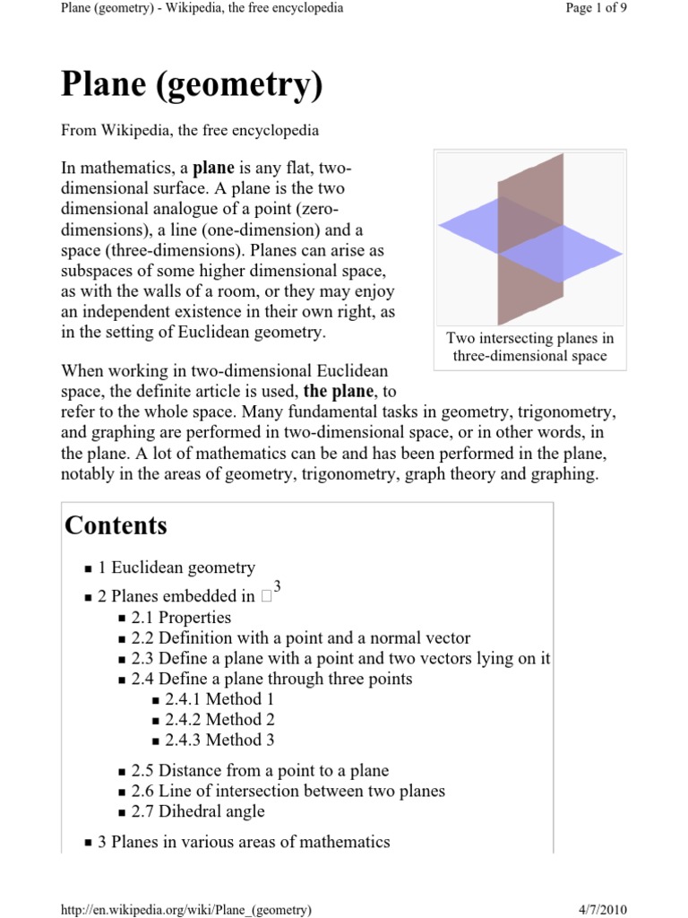 Plane (Geometry) : From Wikipedia, The Free Encyclopedia | PDF | Plane ...