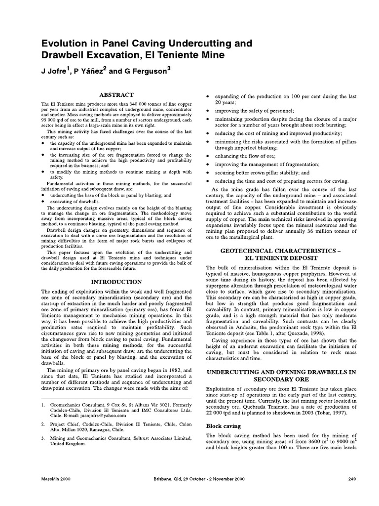 Evolution in Panel Caving Undercutting and Drawbell Excavation El ...