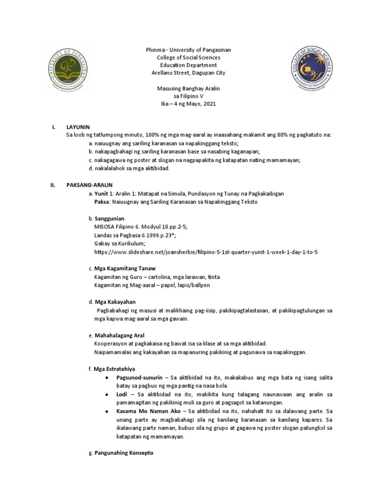 Lesson Plan in Filipino (Grade 5) | PDF