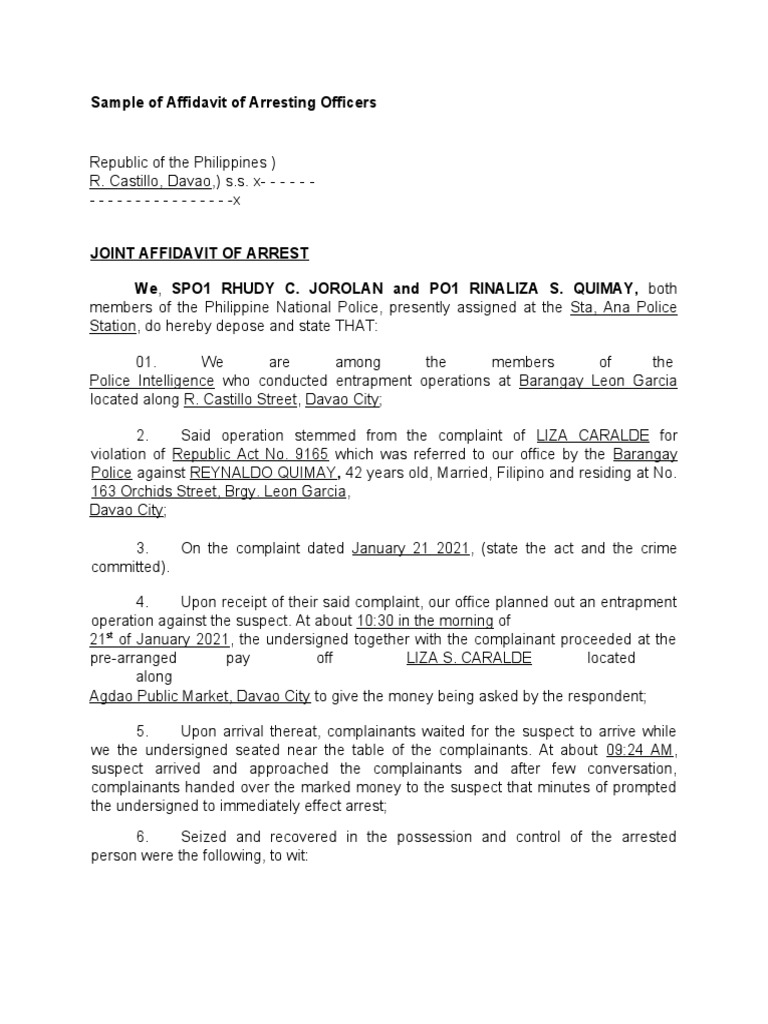 Jorolan, Affidavit of Arrest | PDF | Affidavit | Common Law