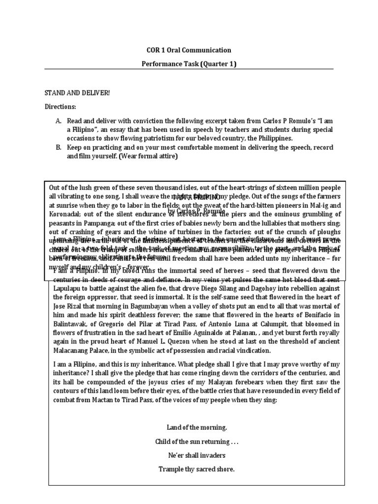 COR 1 Oral Communication Performance Task (Quarter 1) | PDF | Speech ...