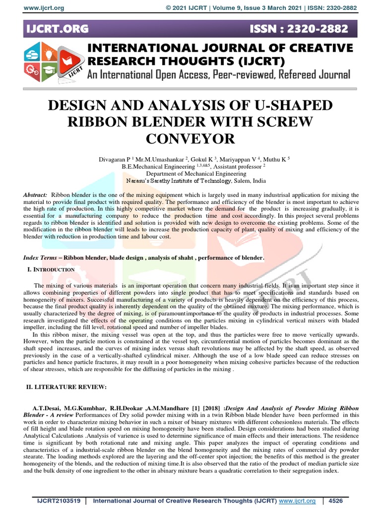 Design and Analysis of U-Shaped Ribbon Blender With Screw Conveyor ...
