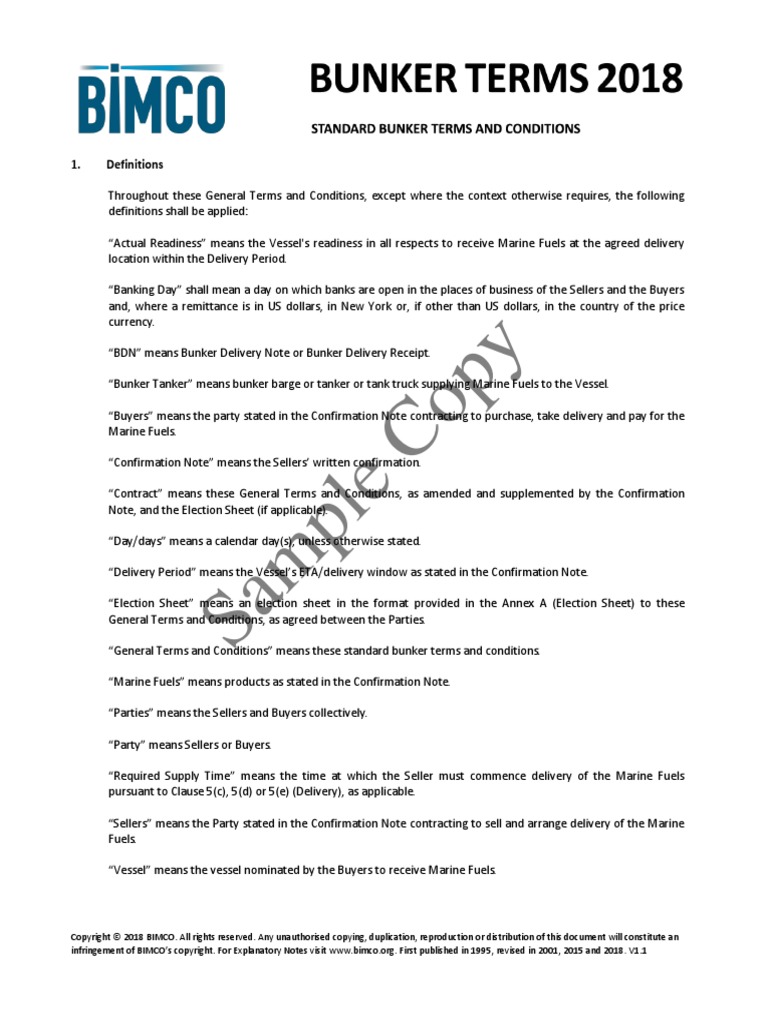 Sample Copy BIMCO Bunker Terms 2018 v3 | PDF | Indemnity | Arbitration
