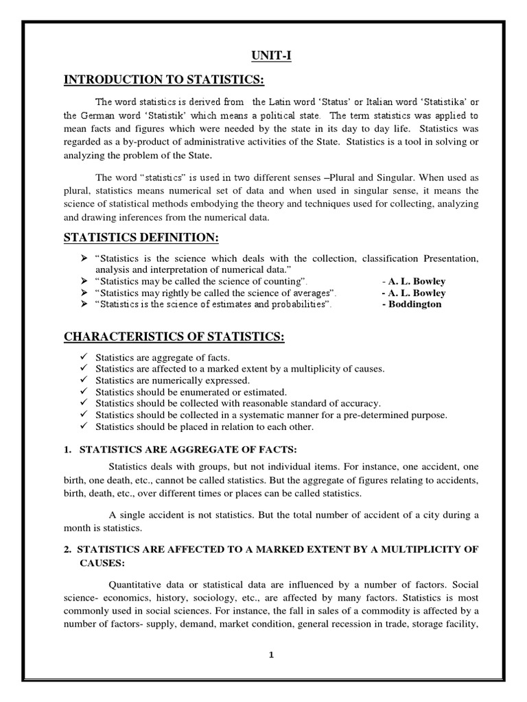 Unit-I Introduction To Statistics:: 1. Statistics Are Aggregate of ...