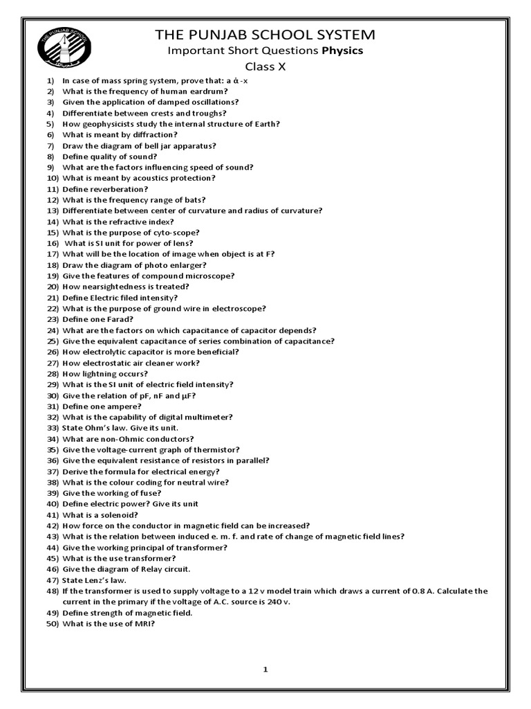 Important Physics Questions for Class X | PDF | Capacitor | Force