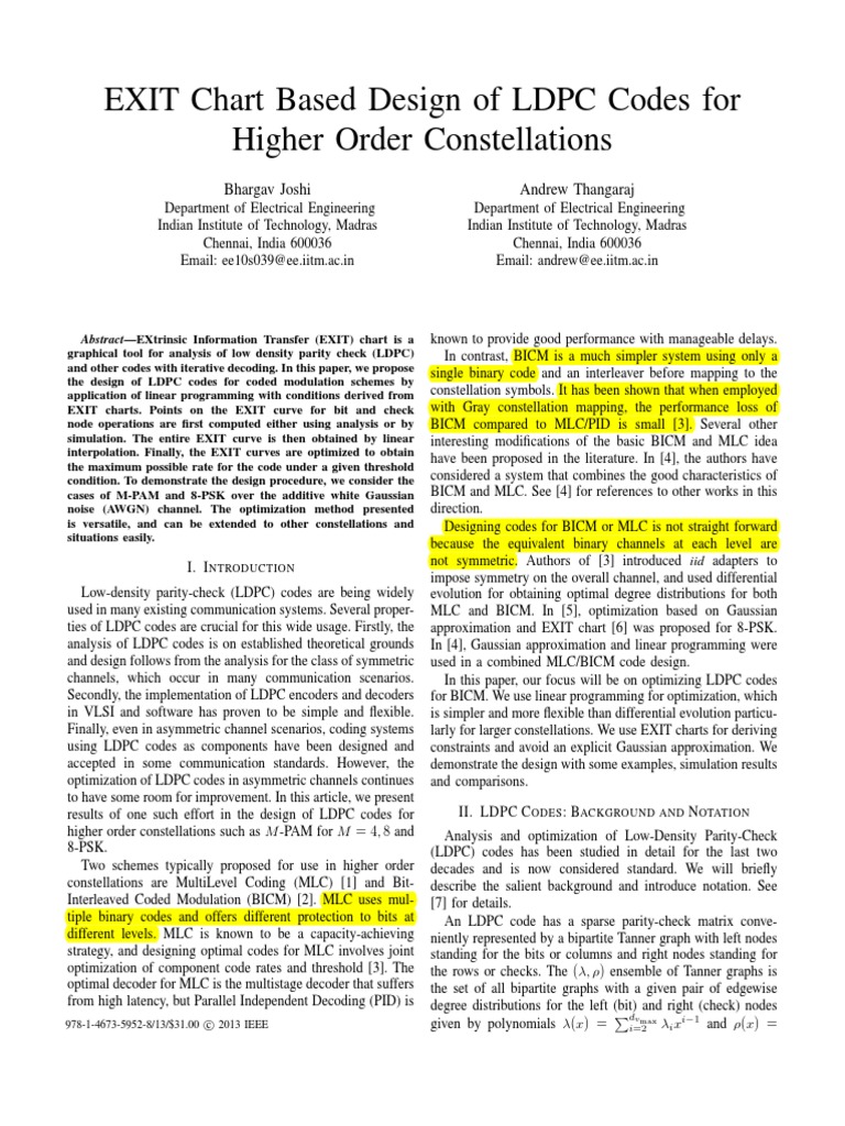 EXIT Chart Based Design of LDPC Codes For Higher Order | PDF | Low Density Parity Check Code ...