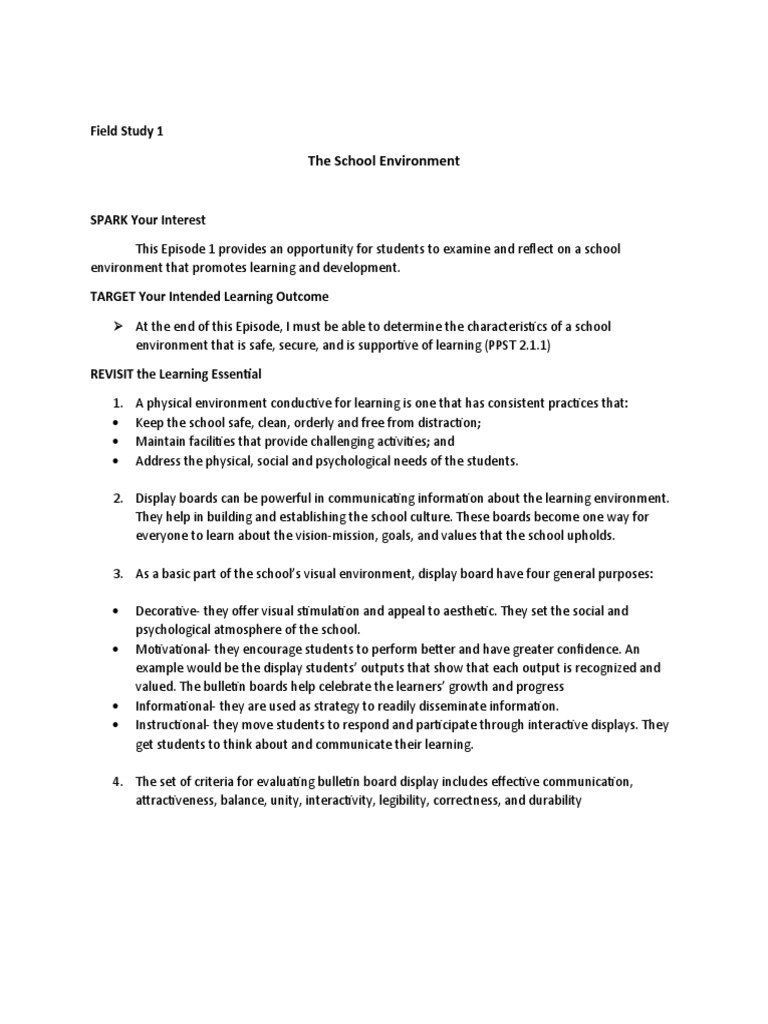 The School Environment: Field Study 1 | PDF | Classroom | Learning