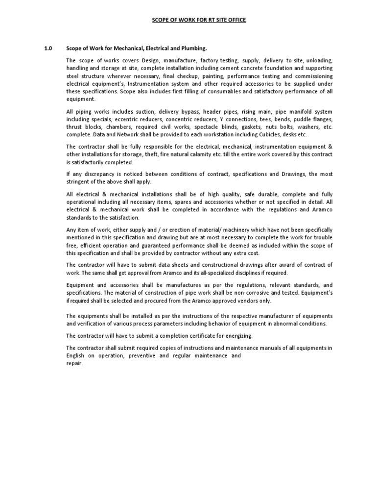 MEP Scope of Work RT Site Office | PDF | Specification (Technical ...