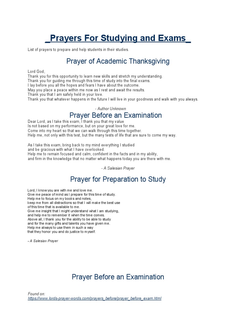 Prayers For Studying and Exams | PDF | Prayer | Test (Assessment)